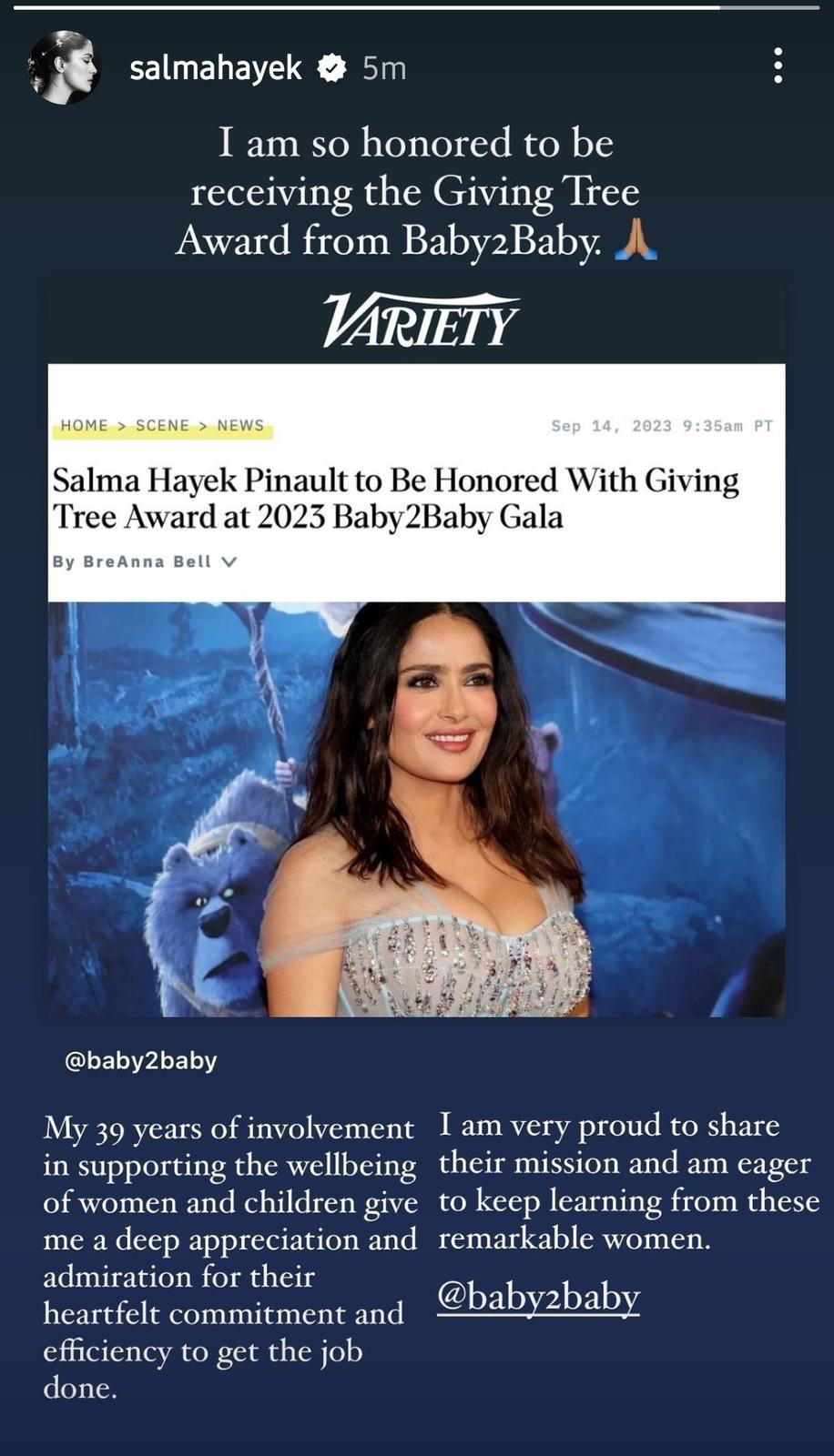 Salma Hayek 'Honored' To Be Receiving The 2023 Giving Tree Award